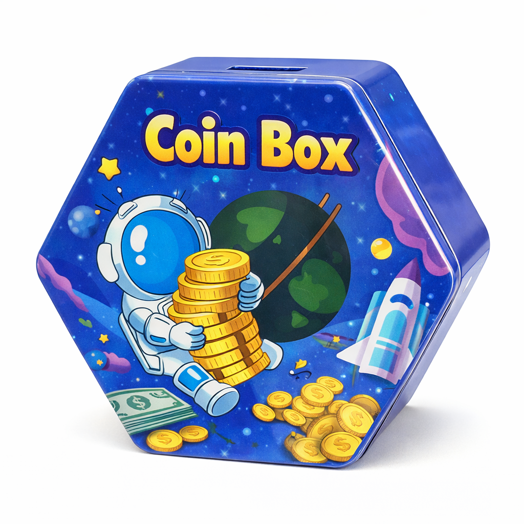Kids Space Theme Coin Box – Hexagon Shape Metal Money Saving Box for C